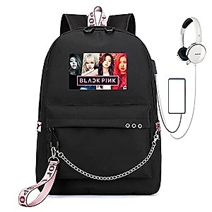 CUSALBOY Kpop Backpack Lisa Rose JISOO Jennie Color Photo Computer Backpack FashionTravel Business Work Backpack Whit USB Port (Black)