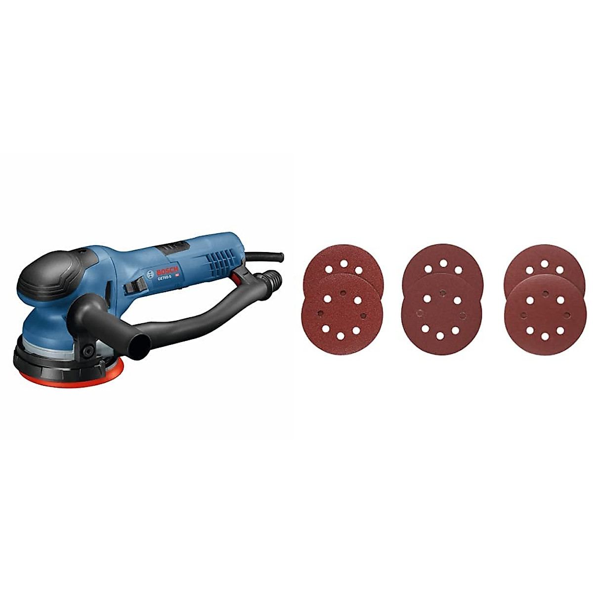 BOSCH GET65-5N 5 In. Dual-Mode Random Orbit Sander&BOSCH SR5R000 6-Piece Assortment 5 In. 8 Hole Hook-And-Loop Sanding Discs