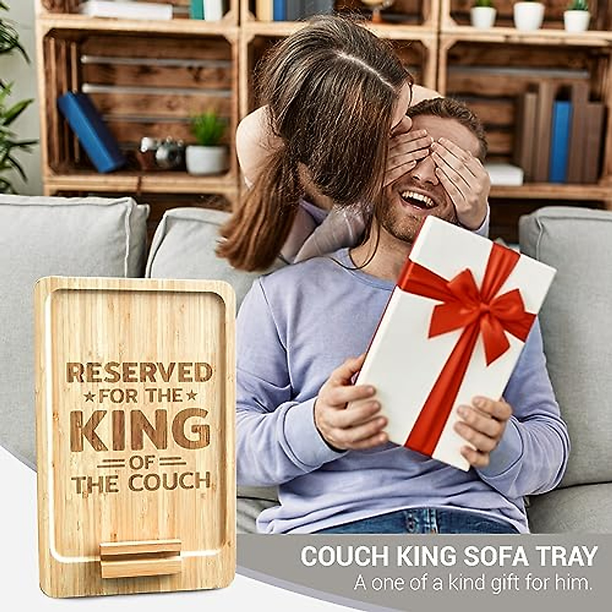 HUGGIB Natural Bamboo Sofa Arm Tray, 12.8 in Width, 12 in Length, 5.5 in Height, with 360 Rotating Bracket for Convenient Use