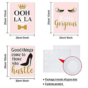 Inspiration Wall Decor, 9 Pieces Bedroom Decor for Women, Pink and Gold Makeup Lash Lips Wall Art Poster, Motivational Quotes Fashion Prints for Women Bathroom Home Decor, 8 x 10 Inch, Unframed