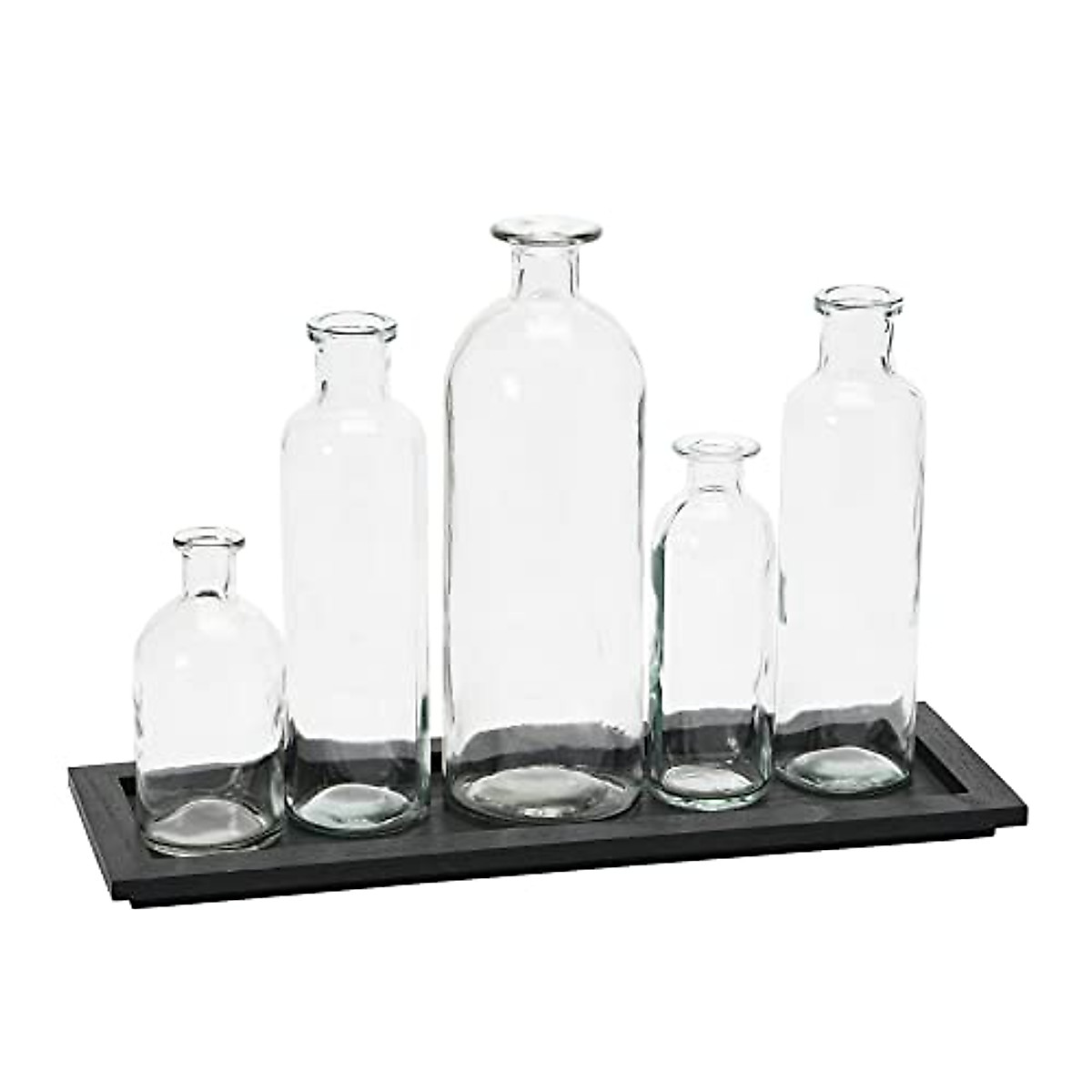 Creative Co-Op Wood Glass Bottle, Set of 5 Sizes Vase Set, Black Tray