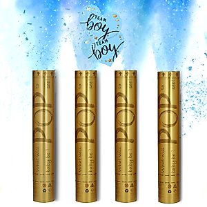 Gender Reveal Confetti Powder Cannons- Set of 4 BLUE - 100% Biodegradable Tissue, Eco-Friendly Powder- Party Supplies/Decorations Boy/Girl Voting Stickers 40pcs
