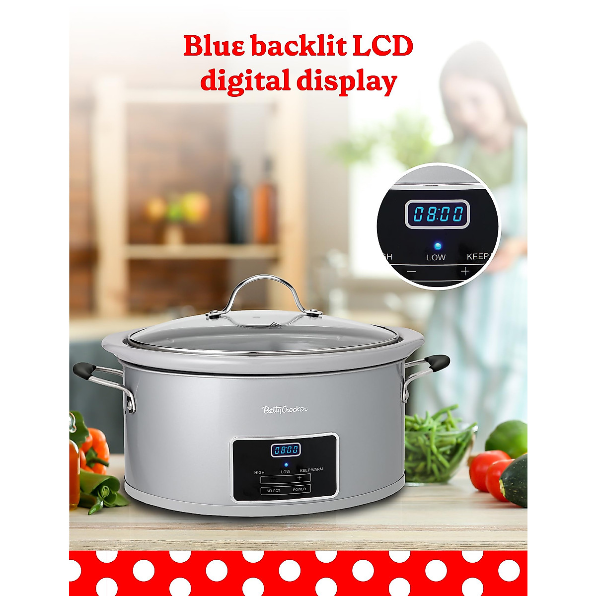 Betty Crocker 6-Quart Oval Digital Slow Cooker, Programmable Crock Pot Up to 20 Hours, Electric Cooking Pot with LCD Digital Display, Removable Stoneware Crock Liner, Betty Crocker Cookbook,Silver