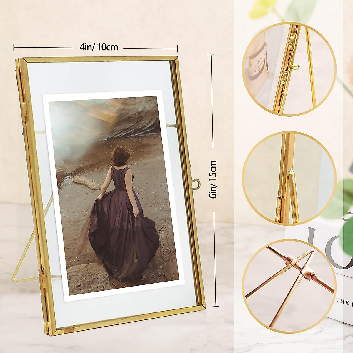 WONTHAI Gold Picture Frame - 4x6 Antique Brass Postcard Picture Frame for Desk - Small Pressed Glass Frame for Pressed Flowers - Floating Vertical (4 * 6 vertical)…