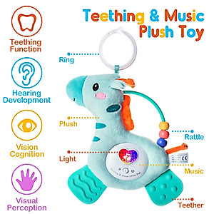 Newborn Toys Baby Teething Toy Baby Toys 0-6 Months with Teether Baby Pram Toys & Cot Toys with Hook Plush Musical Toys with Soft Light & Color Rattle Baby Sensory Toys Gifts for Baby - Deer