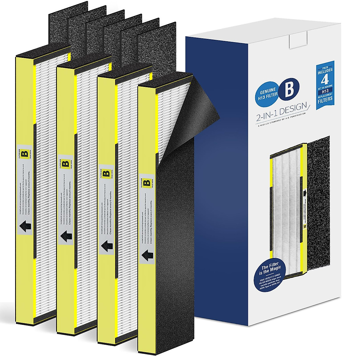 [ELOWOKE] 4-Pack 4825 HEPA Filter B Compatible with Germ-Guardian Air Purifier Filter Replacement for Model FLT4825 AC4825 AC4300 and more, 4X H13 HEPA Filters and 10X Carbon Pre-Filter