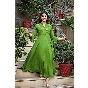 FIDOZA Women's Rayon Printed Anarkali Embroidery Kurti Dress | Pakistani Style Rayon Embroidery Kurti For Women | Ready to wear (Olive Green, M)