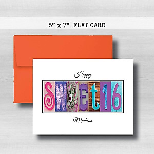 Sweet 16 Happy Birthday Card, 5" x 7" FLAT CARD, Personalized Greeting Cards