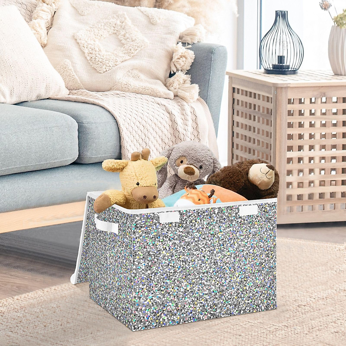 VIGTRO Silver Glitter Rainbow Sparkles Storage Bins with Lids Foldable Storage Boxes with 2 Handles, Bling Decorative Storage Basket Collapsible for Clothes Books