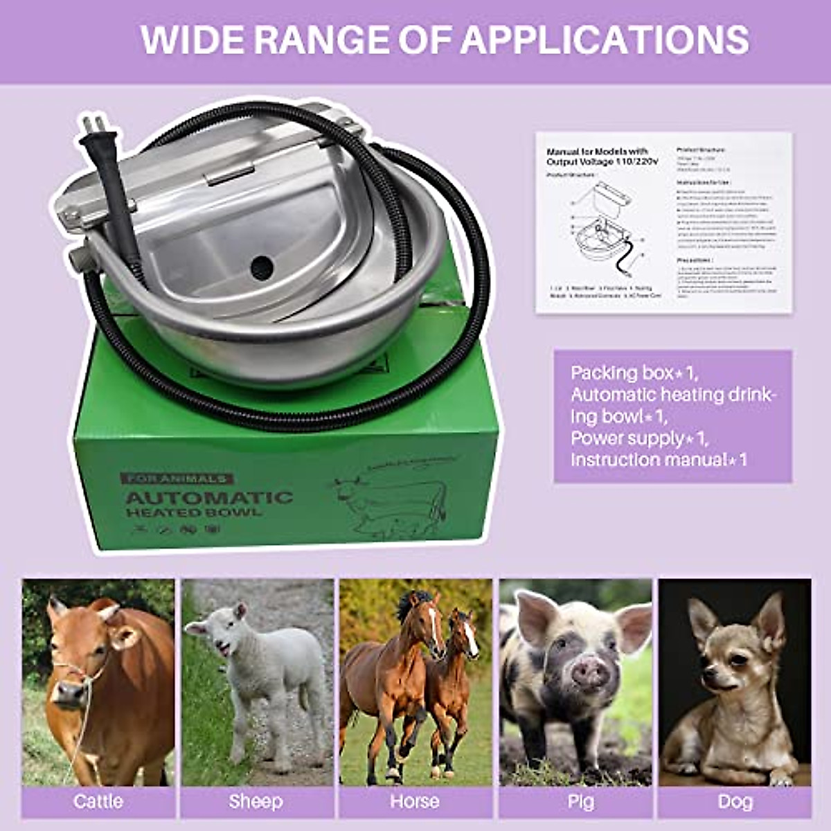 PAULOZYN Heated Automatic Animal Drinking Water Bowl, Heated Livestock Waterer, 304 Stainless Steel Livestock Water Trough Dispenser with Float Ball Valves, for Chicken Horse Cattle Cow Goat Pig