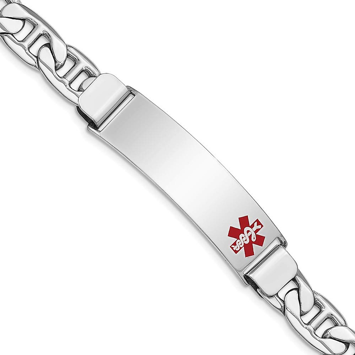 Solid 925 Sterling Silver Enamel RN Registered Nurse Caduceus Symbol Medical ID Emergency Alert Bracelet Anchor Mariner Link Engravable Identification Name Bar Tag - with Secure Lobster Lock Clasp 8"