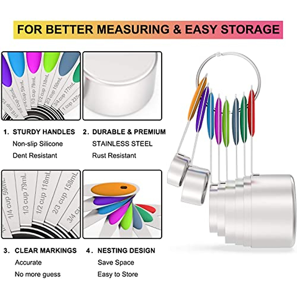 Measuring Cups & Spoons Set of 16, Wildone Premium Stainless Steel Measuring Cups and Measuring Spoons with Colored Silicone Handle, Including 8 Nesting Cups, 8 Spoons, for Dry and Liquid Ingredient