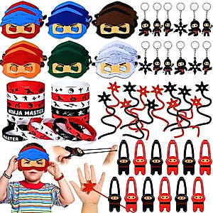 Golray 60Pcs Ninja Party Favors For Kids Birthday With Warrior Karate Party Favor Masks Sticky Hand Stretchy Flying Slingshot Wristband Keychains,Samurai Themed Party Supplies Decoration Boys