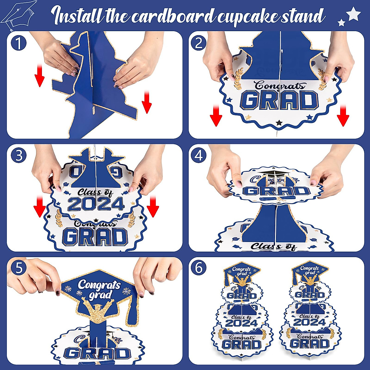 jollylife 2 Set Graduation Decorations Class of 2024 Blue and Gold Cupcake Stand,3-Tier Cardboard Congrats Grad Tower Plus 24 Cake Toppers Party Supplies Decor(Assembly Needed)