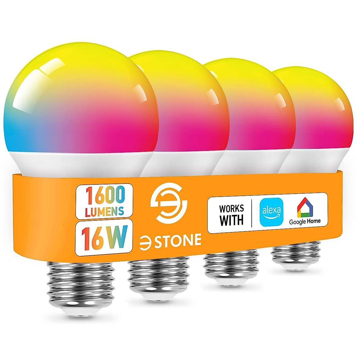 3Stone 4Pcs Smart Light Bulbs 1600 Lumens WiFi LED Color Changing A21 Bulb 100W Equivalent Dimmable 2700K-6500K RGBCW, Tunable White Works with Alexa, Google Home 2.4Ghz Only, No Hub Required (4)