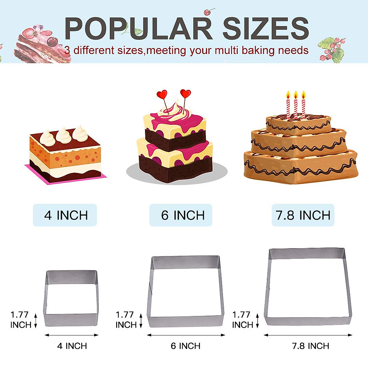 MEICHU Square Cake Ring 3 Pack, 4 to 7.8 Inch Stainless Steel Mousse Cake Mold Ring for Kitchen DIY Pastry