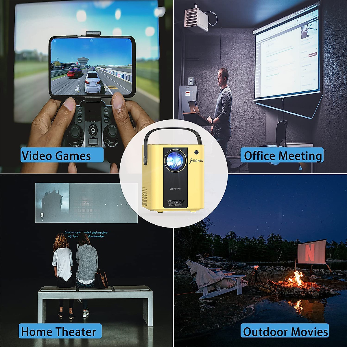 FEICHEN Mini Projector with Screen,Portable Movie Projector with WiFi,7500 Lumen,Multimedia Home Theater WiFi Projector Support 1080P, Compatible with Android,iPhone,HDMI,AV,USB,Laptop.