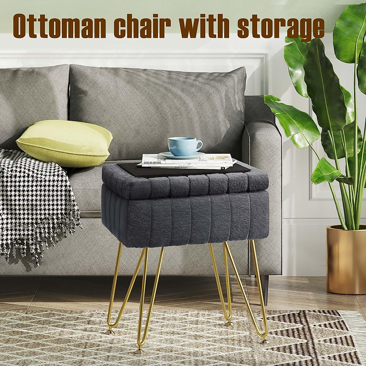 Greenstell Vanity Stool Chair Faux Fur with Storage,15.7"L x 11.8"W x 19.4"H Soft Ottoman 4 Metal Legs with Anti-Slip Feet, Furry Padded Seat, Modern Multifunctional Chairs for Makeup, Bedroom Grey