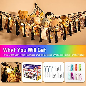 Stuffed Animal Net or Hammock with LED Light, Hanging Corner Net for Stuffed Animal Storage, Stuffed Animal Hammock Holder with 8 Photo Clips, Plushies Organizer for Bedroom Nursery Crib Kindergarten