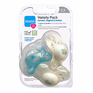 MAM Pacifier Newborn Variety Pack (1 Comfort, 1 Perfect Start, 1 Newborn Original Start) Best Pacifier for Breastfed Babies, 0-3 Months, Unisex, 3-Pack