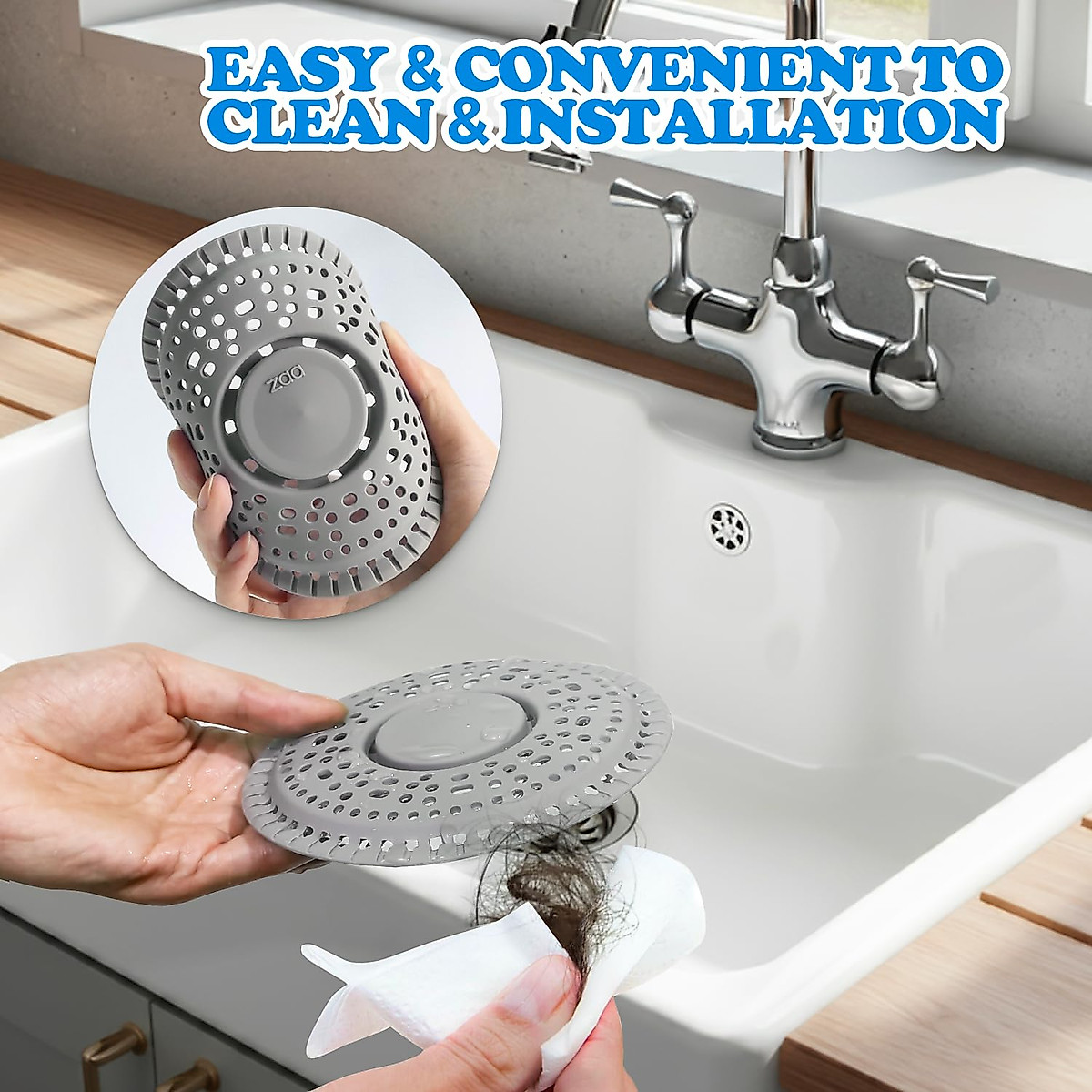 zaa Shower Drain Hair Catcher, Premium Silicone Drain Protector & Shower Drain Cover for Regular Drains of Shower Room, Bathroom, Gray