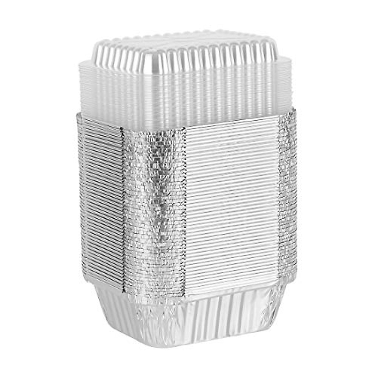 PARTY BARGAINS 1 Lb. Small Aluminum Pan with Lids - 100 Pack Set with Plastic Dome Lids, 5.5" x 4.5" Disposable Take-Out Pans for Meal Prep, Pies, Cakes, Meats (Max 240°C)