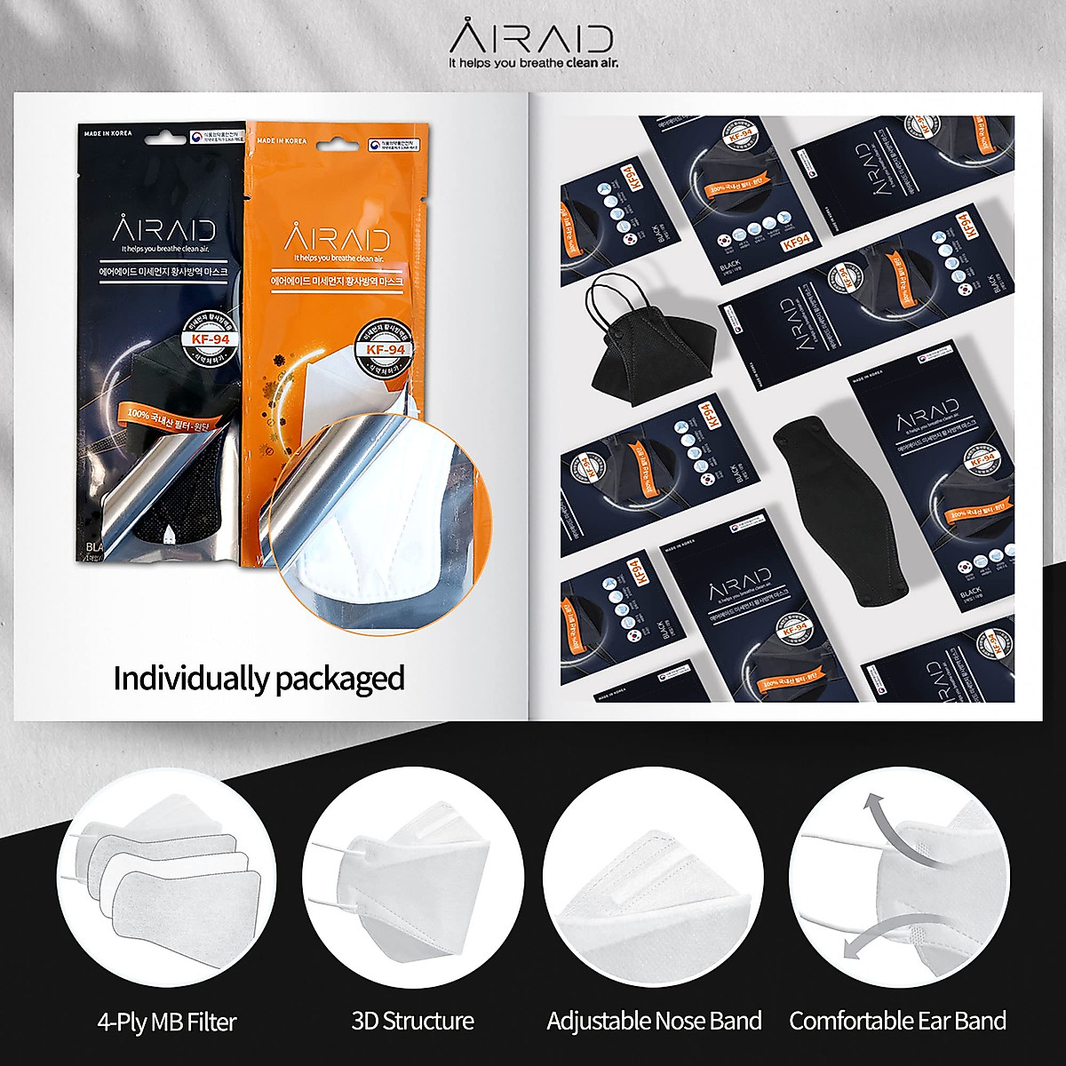 AIRAID-KF94 [Individually Wrapped] - Made in Korea, 4-Layer Filter, 3D Face Mask, Black, White, Adult and Older Teens (Black-50P)