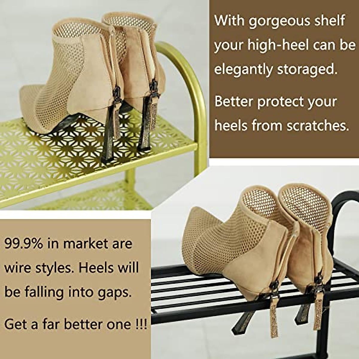 Urban Iron Metal Gold Shoe Rack,Premium Large 3 Tier Shoe Stand,Sturdy Free Standing Shoe Organizer for Bedroom,Closet, Entryway,Apartment.