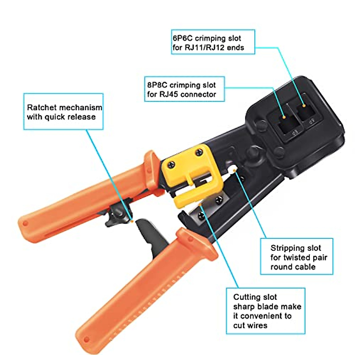 RJ45 Crimp Tool Ethernet Crimper for RJ45 Cat6 Cat5 Cat5e Pass Through Connectors and RJ12 Plug Ends with 50PCS RJ45 Cat6 Connectors, RJ45 Cable Tester and Mini Wire Stripper