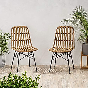 Great Deal Furniture Yilia Outdoor Wicker Dining Chair (Set of 2), Light Brown and Black