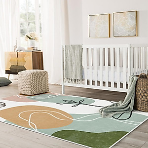 Wonnitar Boho Art Area Rug 4x6, Washable Non-Slip Rug for Living Room, Large Abstract Soft Nursery Throw Mat, Non-Shedding Mid Century Bedroom Carpet for Bathroom Entry Closet (Art-Green,4'x6')