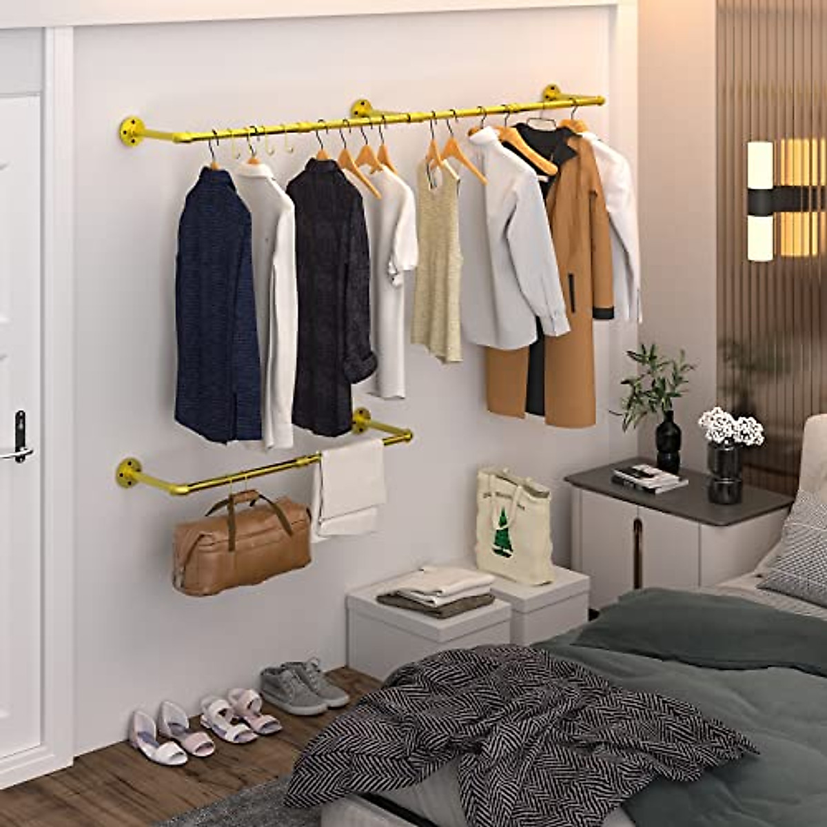 MOUTIK Industrial Pipe Clothes Hanging Rack: Wall Mounted Iron Clothing Storage Hanger Rod - Heavy Duty Multi-Purpose Metal Garment Bar for Closet Laundry Room Gold