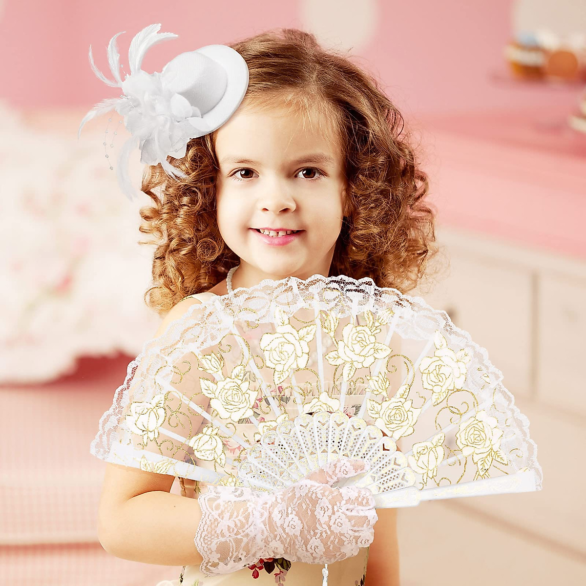 Sintege 4 Pcs Girls Tea Party Set Tea Party Gloves Hats Necklace Fans for Girls(White)