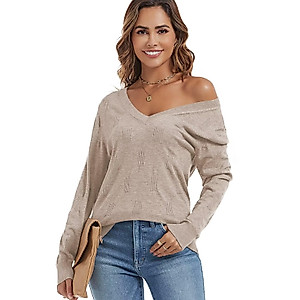 ANFTFH Women's Pullover Sweaters Cashmere Long Sleeve V Neck Fashion Sweater Tops Beige M