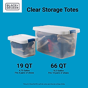 Black+Decker Clear Tote, Plastic Stackable Storage Bin, Organizing Solution, Storage Container Bin with Secure Lid (19 Qt., 4-Pack)