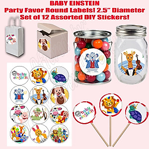Baby Einstein Stickers, Large 2.5” Round Circle Stickers to place onto Party Favor Bags, Cards, Boxes or Containers -12 pcs, Baby Animals, Giraffe, Elephant, Bunny, Turtle