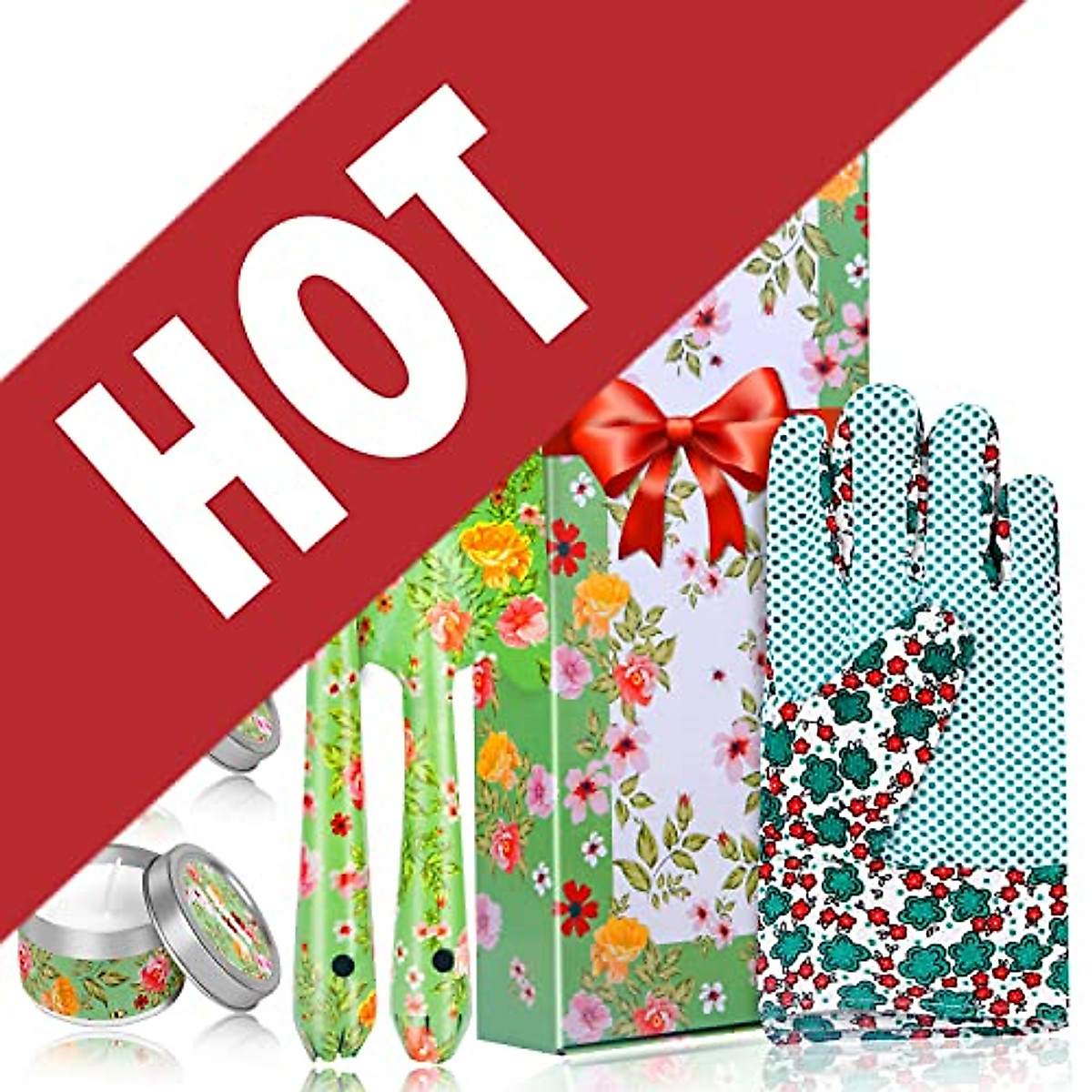 MERTURN Garden Tool Set,6Pcs Heavy Duty Aluminum Gardening Tools Kit Include Garden Gloves,Rake, Shovel,Candles, Gardening Gifts Box for Women Men Gardener with Floral Pattern