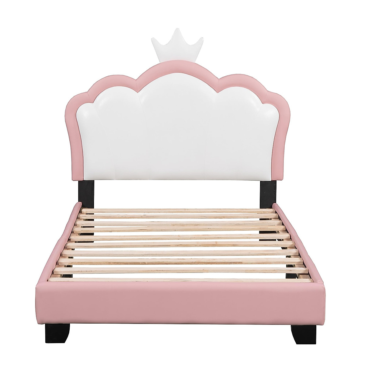 Cute Upholstered Princess Bed with Crown Headboard, Twin Size Leather Platform Bed with Wood Slats for Kids Boys Girls
