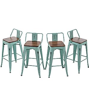 Andeworld Bar Stools Set of 4 Counter Height Stools Industrial Metal Barstools with Wooden Seats(24 Inch, Distressed Green Blue)