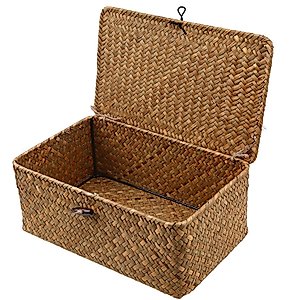 Shelf Baskets Rattan Storage Basket with Lid Handwoven Seagrass Basket Multipurpose Organizer for Snack Toys Rectangular Household Basket for Shelf Wardrobe 23x13x8cm