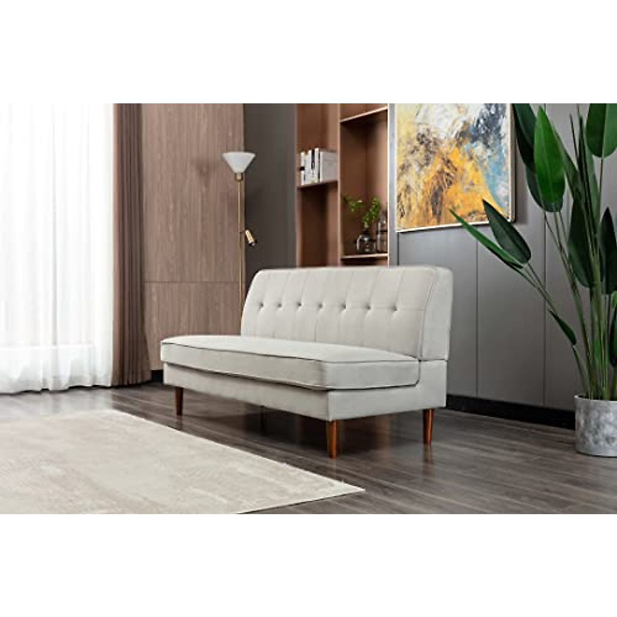 Aoowow Modern Armless Futon Sofa, Living Room Couch,Mid-Century Tufted Linen Upholstered Sofa Couch with Wood Legs for Compact Living Space, Apartment (Beige)