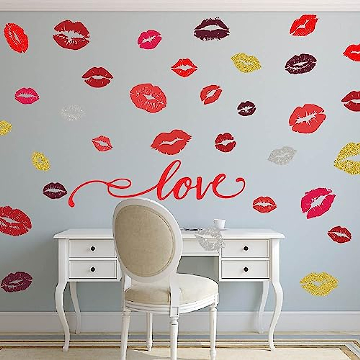 SUPERDANT Love Lips Wall Stickers 34PCS Red Silver Gold Brown Kisses Stickers Self-Adhesive Vinyl Wall Art Decals Valentine's Day Trendy for Home Living Room Girly Women's Bedroom Apartment Decor