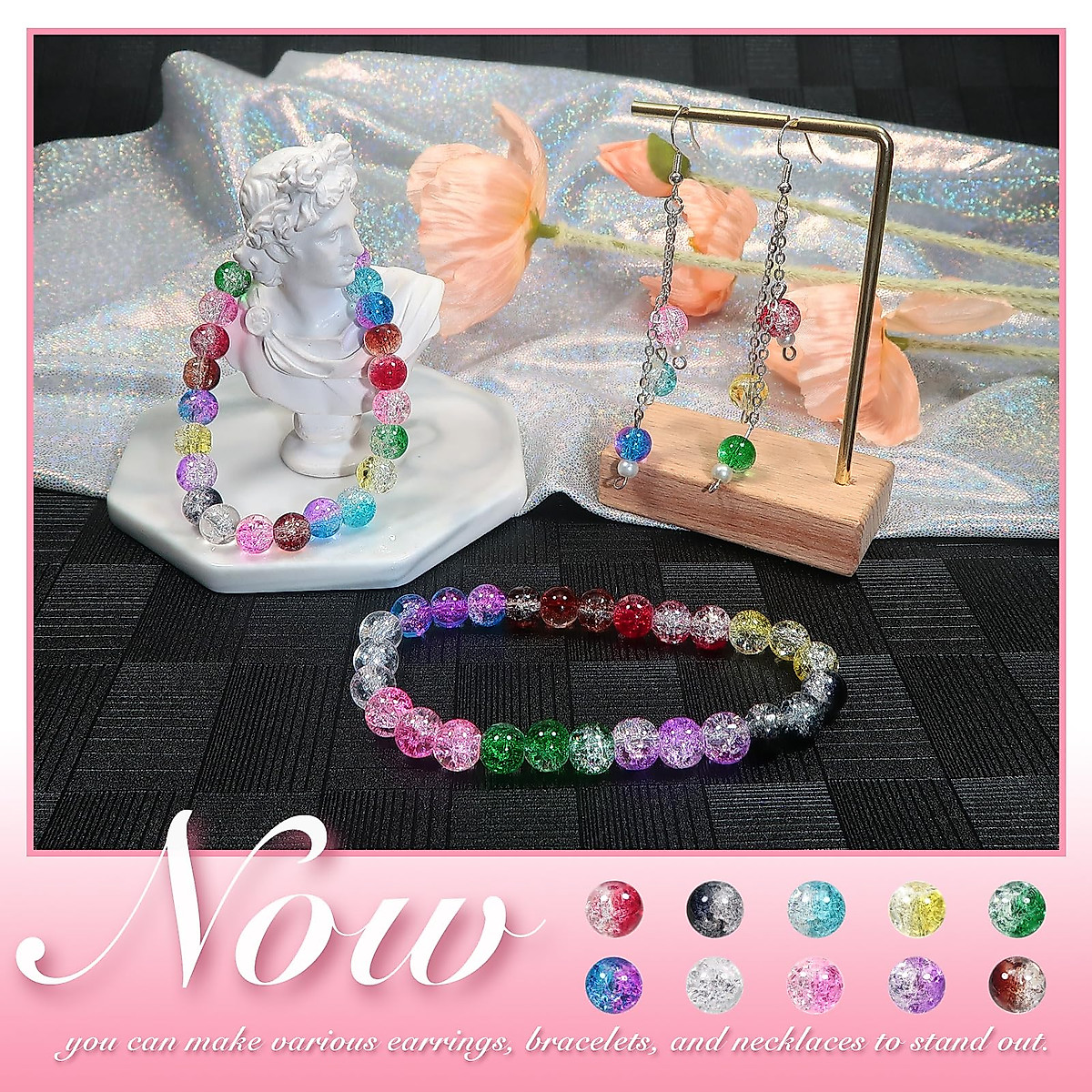 TOAOB 200pcs 8mm Multi Color Crackle Glass Lampwork Beads Round Loose Spacer Beads Craft Supplies for Bracelets Necklaces Jewelry Making