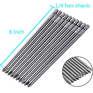 Rocaris 6 in Phillips Screwdriver Bit Sets 1/4 Inch Hex Shank Magnetic Screwdriver Bits Cross Head S2 Steel Screwdriver Bits 10 Pack