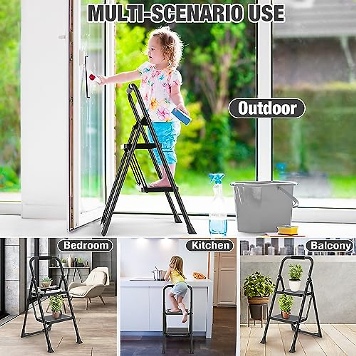 HBTower 2 Step Ladder, Step Stool for Adults,2 Step Ladder Folding Step Stool with Cushioned Handle,330 lbs Capacity,2 Step Ladder with Wide Anti-Slip Pedal Ergonomic Design