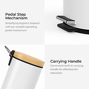 Bathroom Trash Can with Bamboo Lid, 5 Liter – 1.32 Gallon Soft Close Kitchen Trash Can - Removable Liner, Foot Pedal, Steel Construction, Anti-Slip Garbage Can – Small Trash Bin for Bedroom & Office