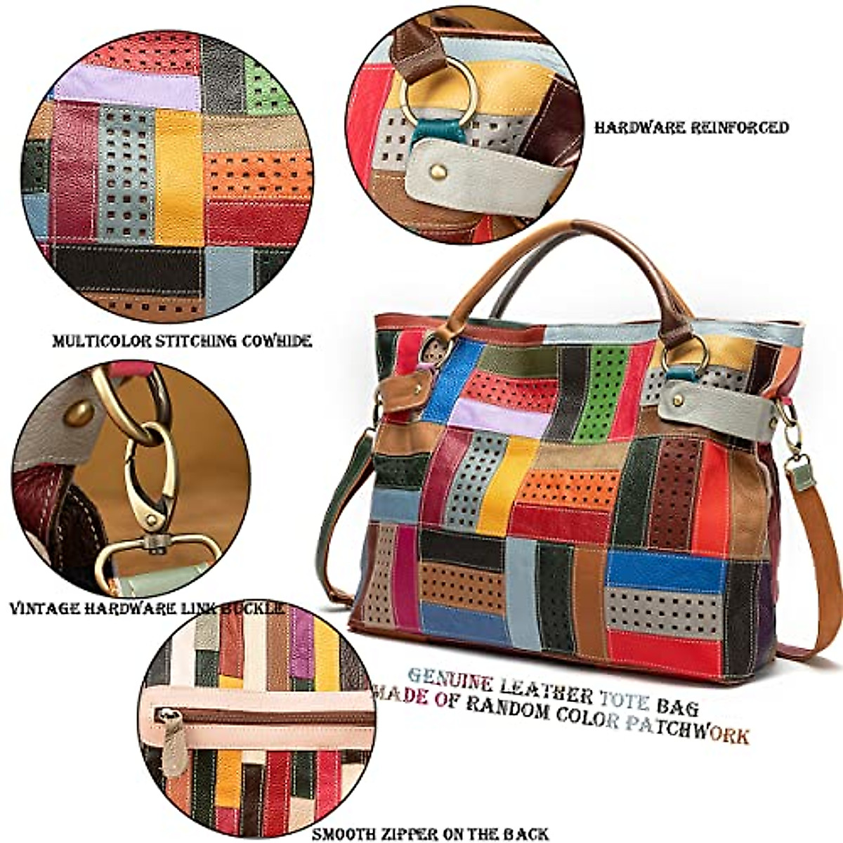 Segater® Women’s Genuine Leather Tote Multicolour Patchwork Hollow Shoulder Bag Cowhide Stitching Colorful Large Handbag Purses Multicoloured