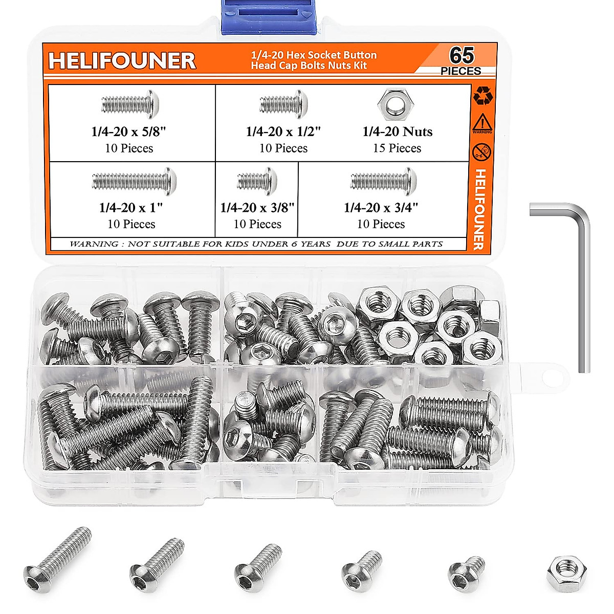 HELIFOUNER 65 Pieces 5 Sizes 304 Stainless Steel 1/4-20 x 3/8" 1/2" 5/8" 3/4" 1" UNC Thread Button Head Socket Cap Screws Bolts Kit