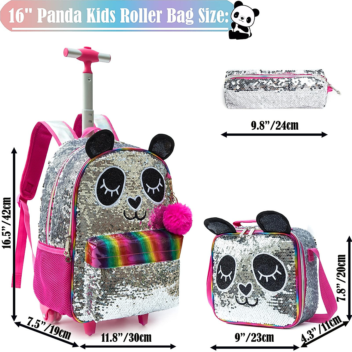 Panda School Kids Rolling Backpack for Girls With Wheels Trolley Wheeled Backpacks for Girls Travel Bags 3PCS Girls Backpack With Lunch Box and Pencil Case Kids Rolling Suitcase Silver Sequin Backpack