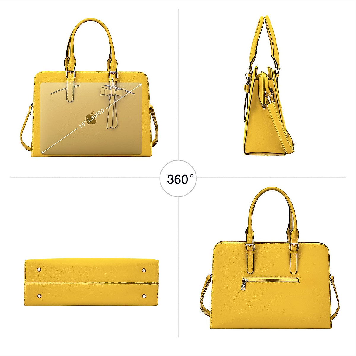 TOPDesign Laptop Bag for Women, Waterproof PU Leather Work Briefcase fits 15.6 Inch Computer, Large Tote Messenger Shoulder Bag, Stylish Business Purse Handbag Satchel (Yellow)